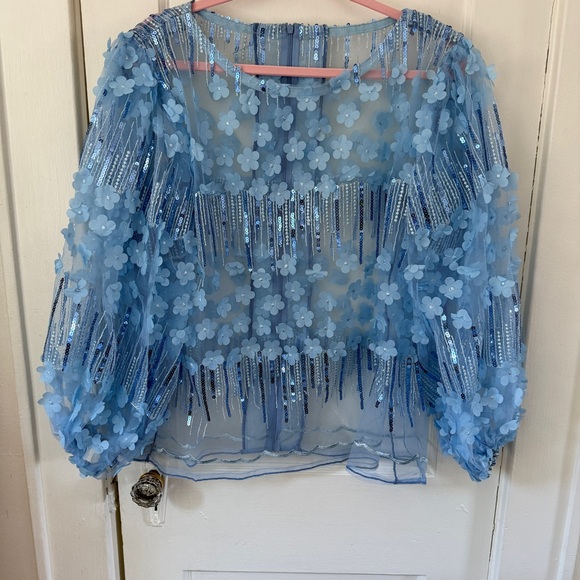 Tops | Blue Sheer Floral Mesh Sequin Blouse With Puff Sleeves | Poshmark